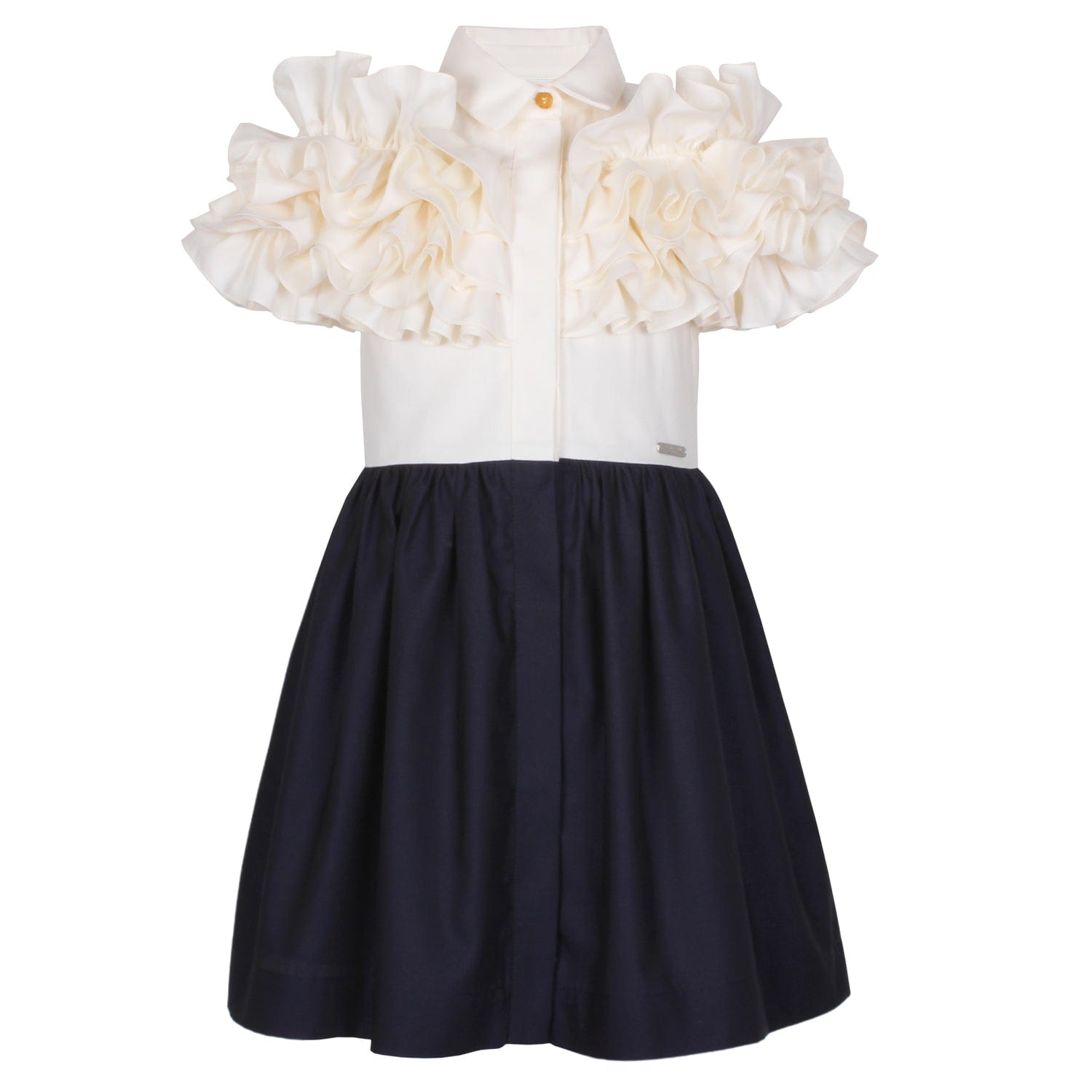Jessie & James Girls White & Navy Cotton Frilly Shirt Dress