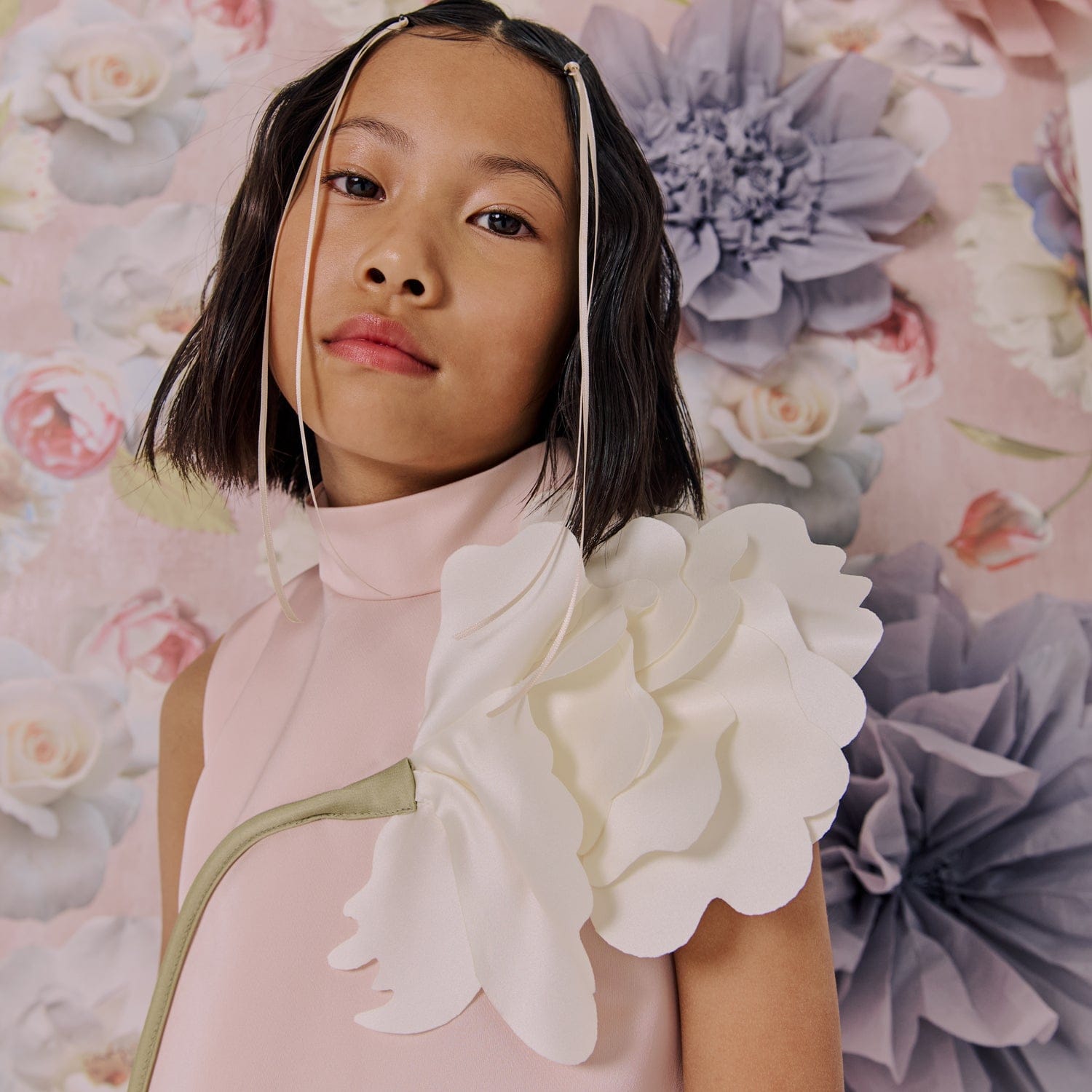 Jessie & James Girls Pink & Creme Satin 3D Flower A-Line Dress