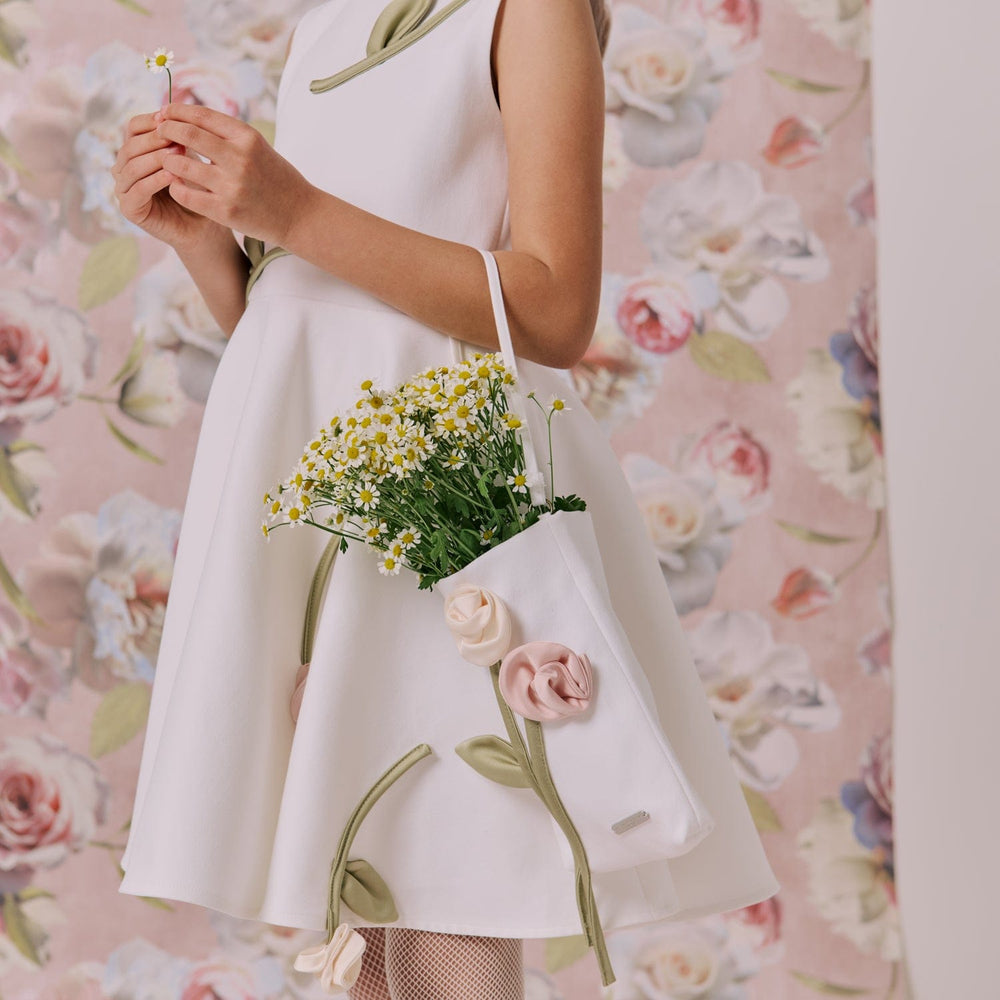 Jessie & James Girls White Twill Dress with 3D Rose Appliqués